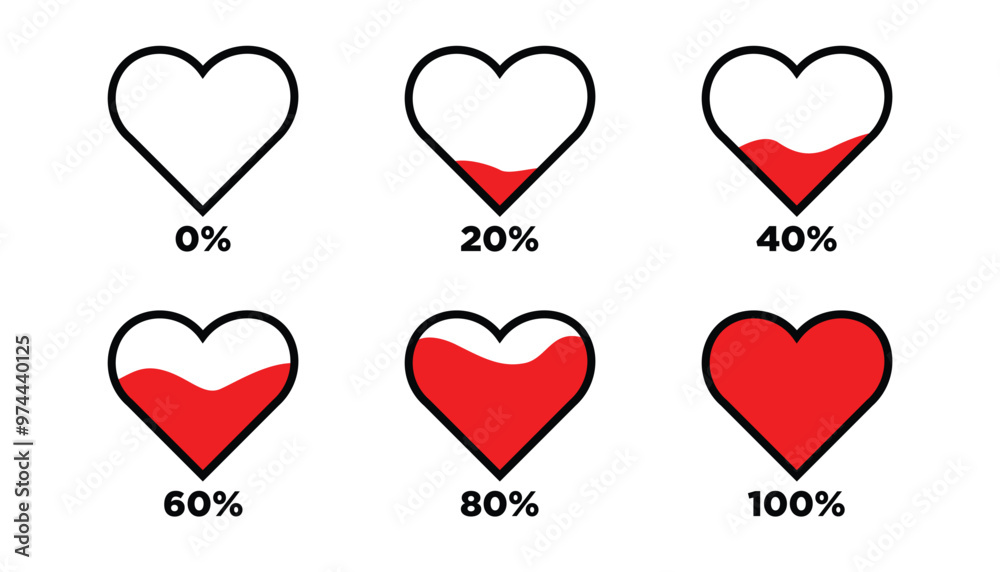 Heart with percentage heart meter level or gauge icon set in liquid ...