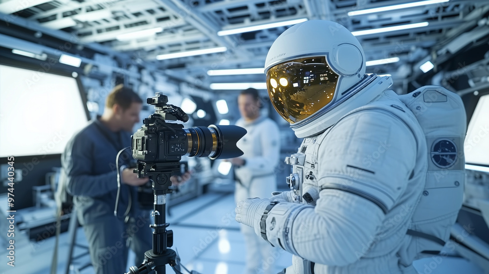 Behind the scenes of a space-themed film, featuring a director, camera ...
