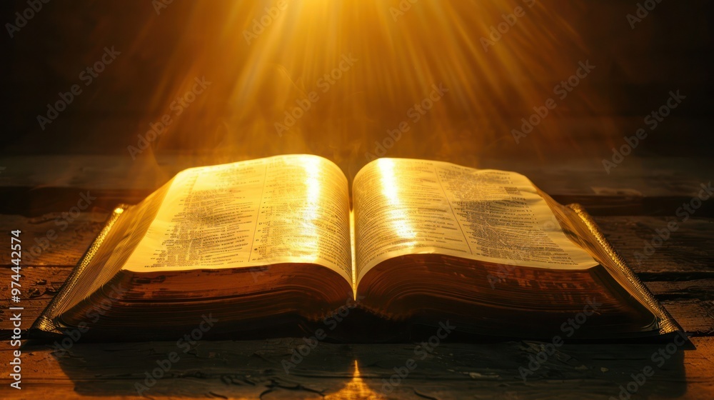 Bible illuminates darkness with golden knowledge from open book in ...