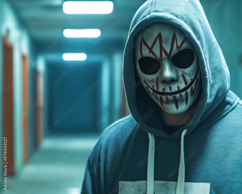 Eerie Figure in Haunted House Hallway, Ghostly Demon Mask, Dark and ...