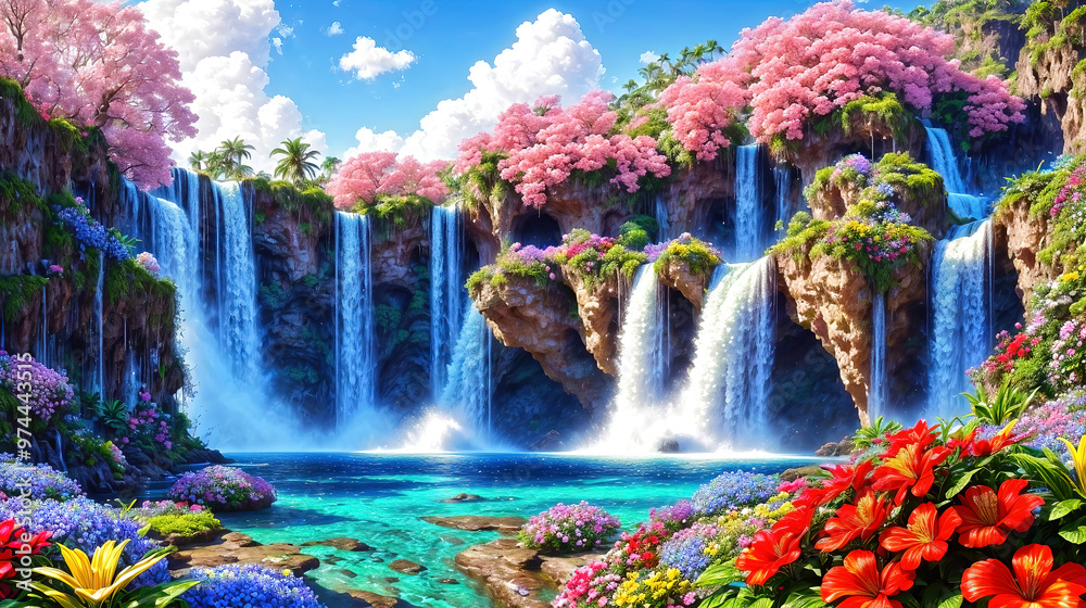 Paradise landscape with beautiful gardens, waterfalls and flowers ...