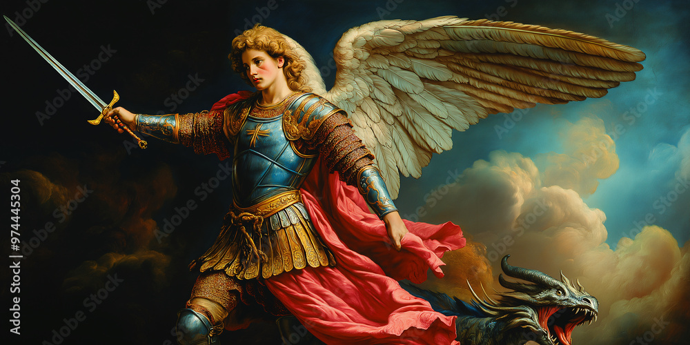 Saint Michael the Archangel, clad in armor, sword in hand, triumphantly standing over a ...