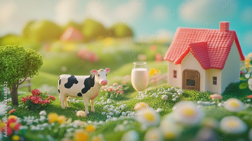 Milk pack mock-up set on a 3D miniature farm with a cow figurine and ...