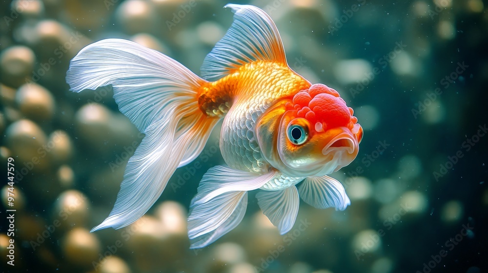 In the aquarium fish tank, the Oranda goldfish's vibrant hues and ...