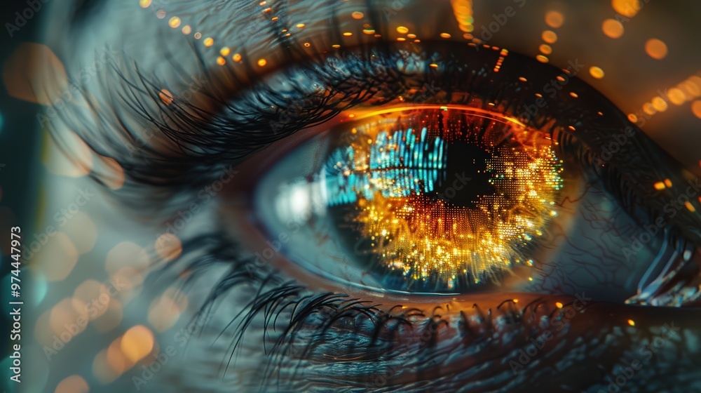 AI interpreting a human eye scan, layers of visual data dissected and ...