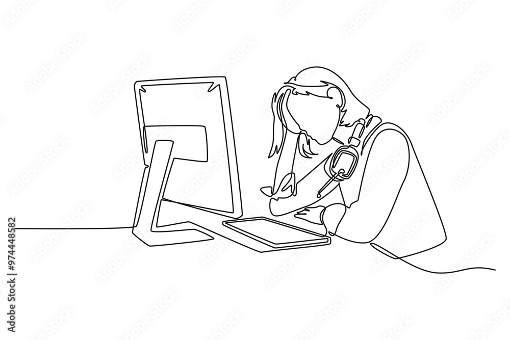Continuous one line drawing stressful female customer service worker ...