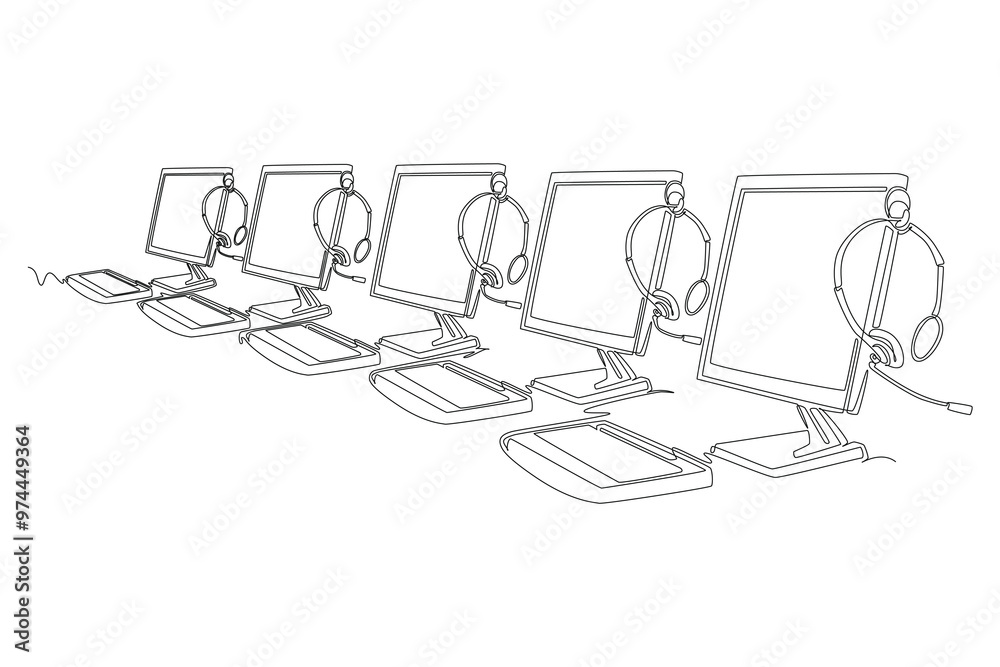 Single one line drawing set of customer service equipment, computer ...
