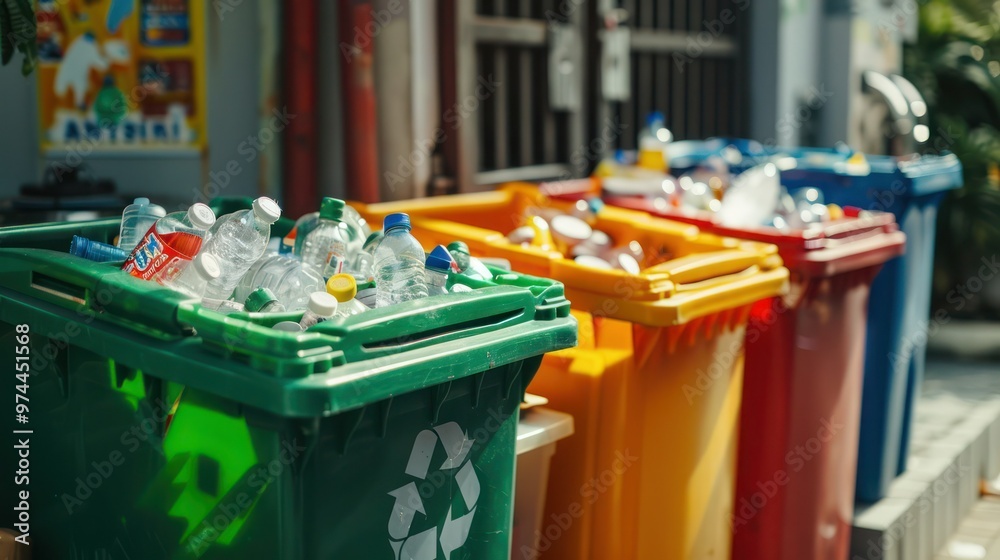 Recycling bins filled with various sorted recyclables promoting waste ...
