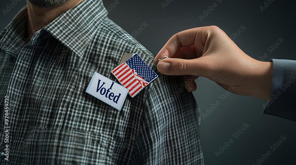 Get out the vote Hand pinning an "I Voted" badge onto a shirt ...