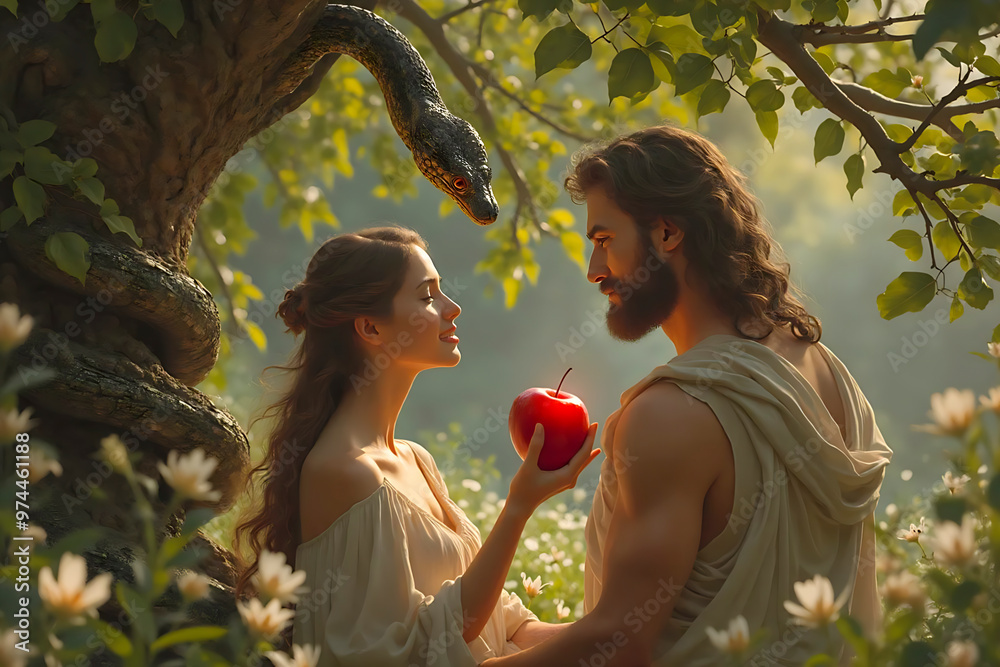 lapse from virtue. Adam and Eve in Garden of Eden. Eva giving Adam red apple. serpent tempter in ...