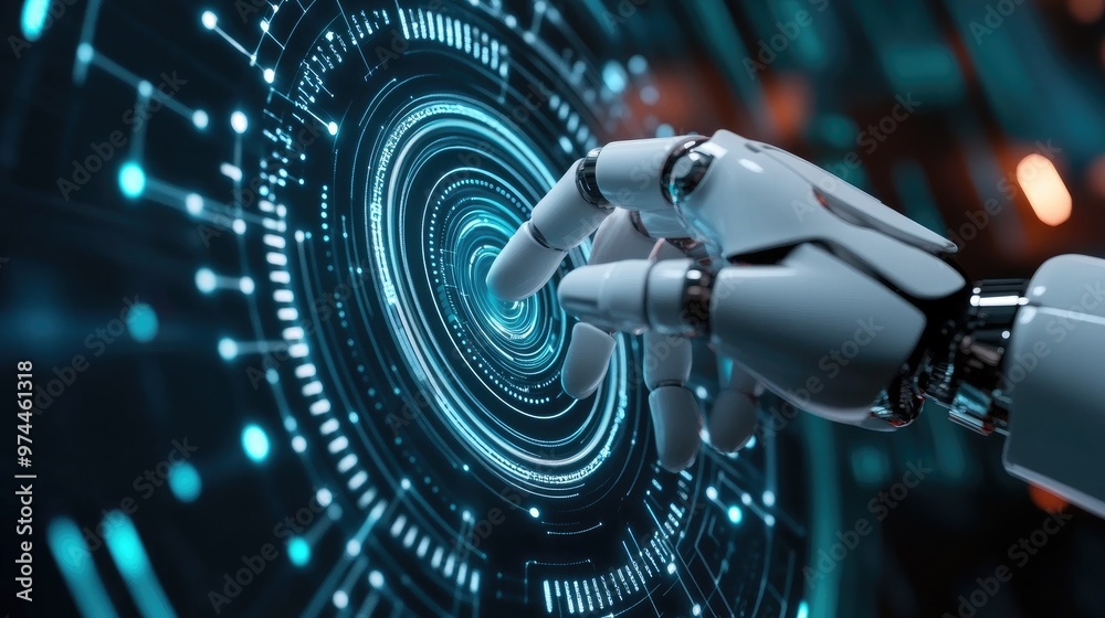 Robot hand activating compliance button in a futuristic digital world ...