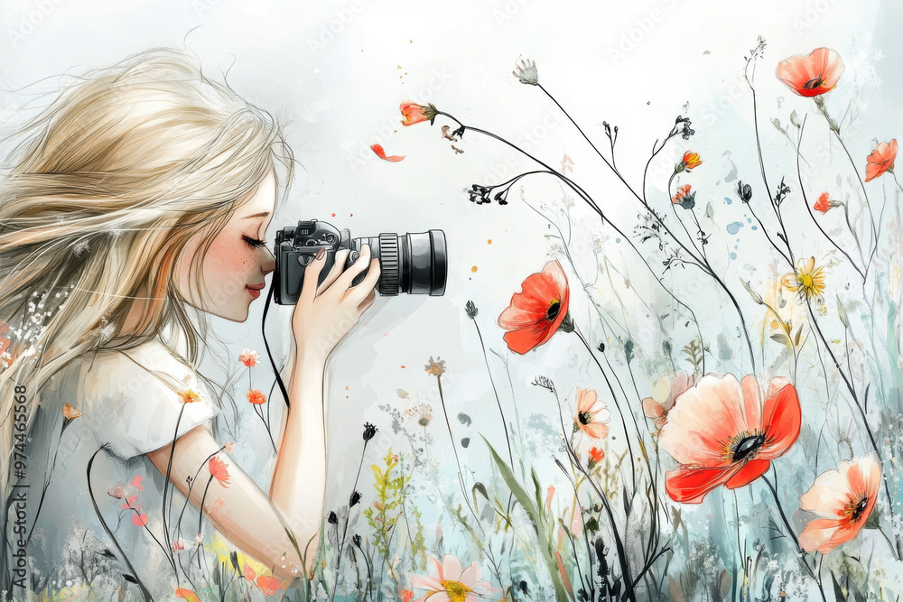 Anime girl photographing flowers in a scenic garden with a DSLR camera ...