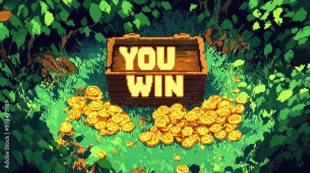 Victorious 8-bit video game screen with a chest of gold coins ...