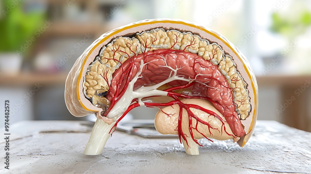 A cross-section of a human brain model reveals the cerebellum and blood ...