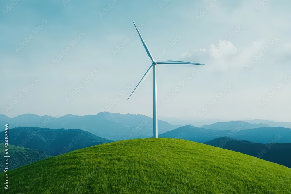Renewable energy wind turbine with Wind turbine on a lush green hill ...