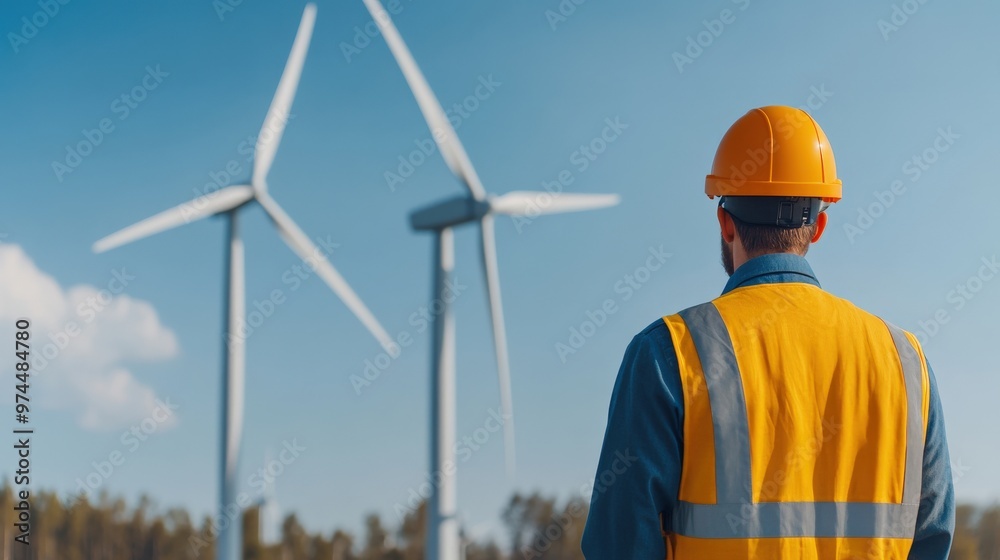 Renewable energy wind turbine with Engineers performing ground-level ...