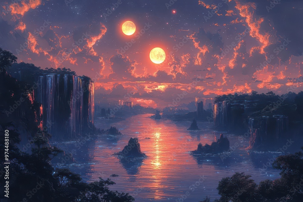 bioluminescent alien landscape floating crystal islands twin moons in ...