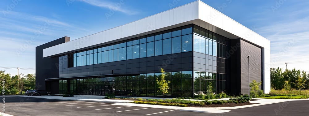 A modern industrial building with black and white metal cladding ...