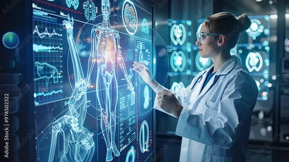 Future of Healthcare: A female doctor in a futuristic lab examines a ...