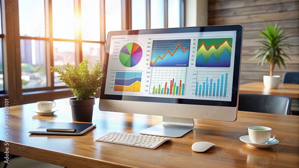 A sleek, modern computer screen displays a colorful, interactive ...