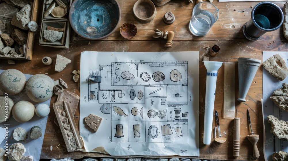 Blueprint of an archaeological laboratory, showing the process of ...