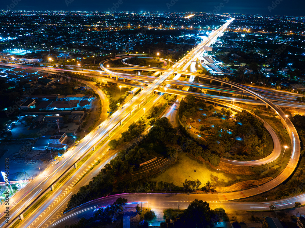Expressway top view, city interchange closeup at night, traffic ...
