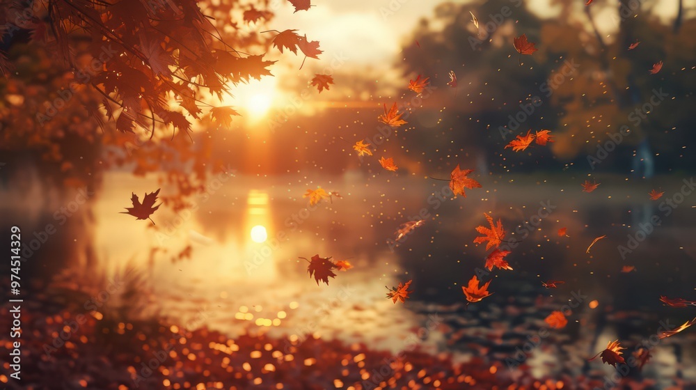 Showcase a balanced autumn equinox with falling leaves, equal daylight ...