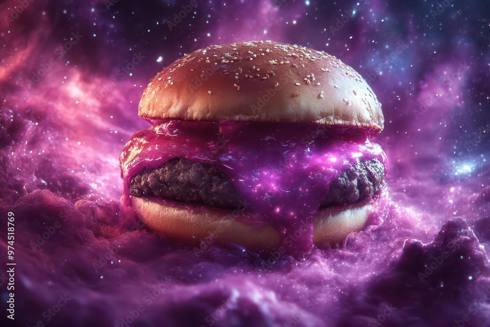 cosmic cheeseburger floating in deep space surrounded by swirling ...