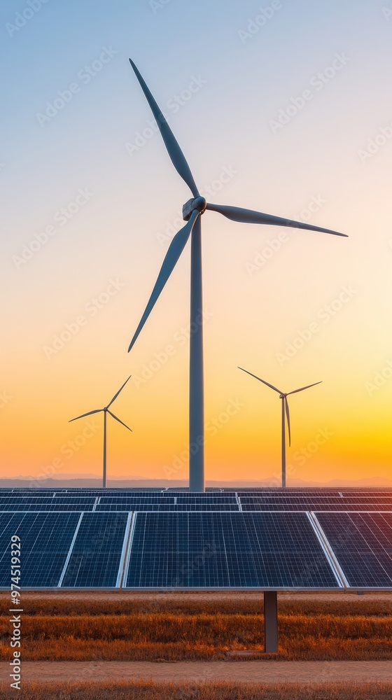 Renewable energy concept with solar panels and wind turbines for ...