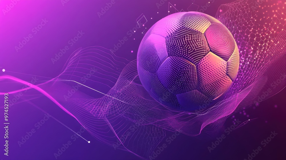 A vibrant digital soccer ball on a dynamic purple and pink gradient ...