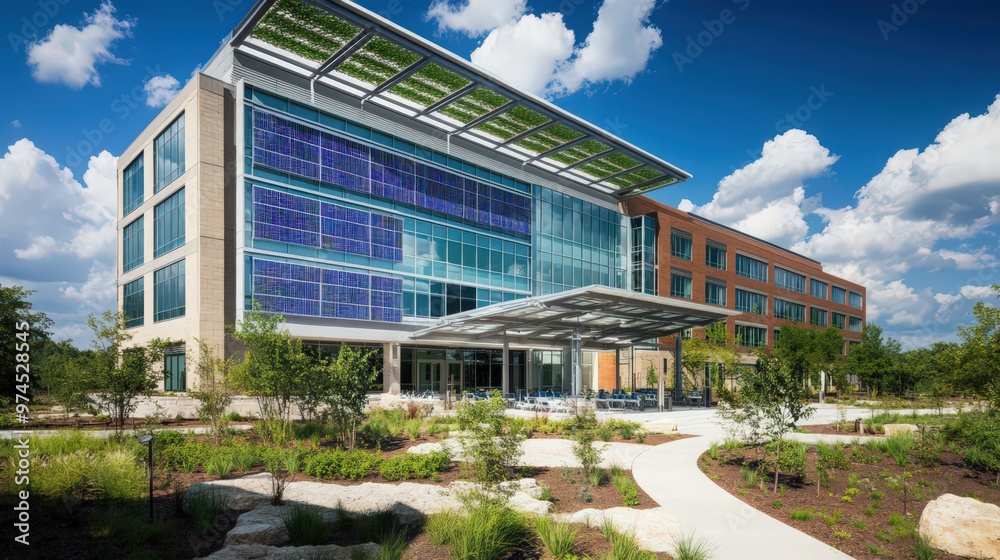The exterior of a hospital with eco-friendly design elements, including ...