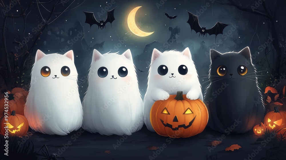 Four cats as ghosts, one with a pumpkin, sitting side by side in a dark ...