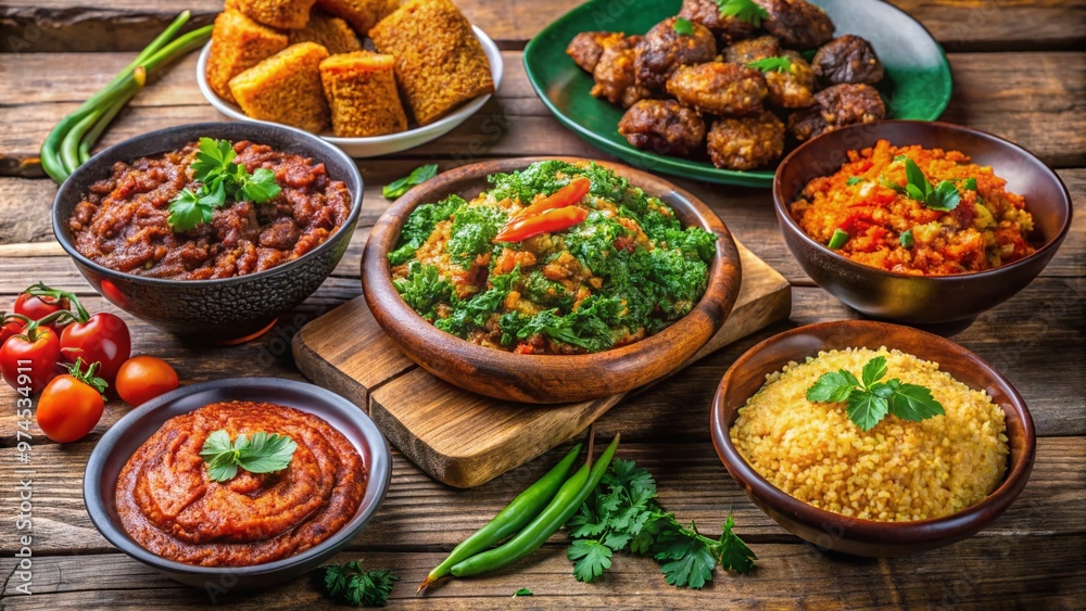 Colorful arrangement of traditional Nigerian dishes including jollof ...