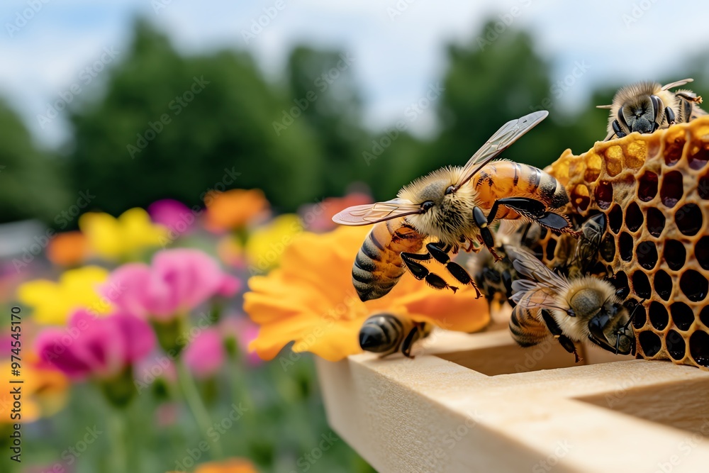 A rooftop beehive in an urban farm, with bees pollinating flowers and ...