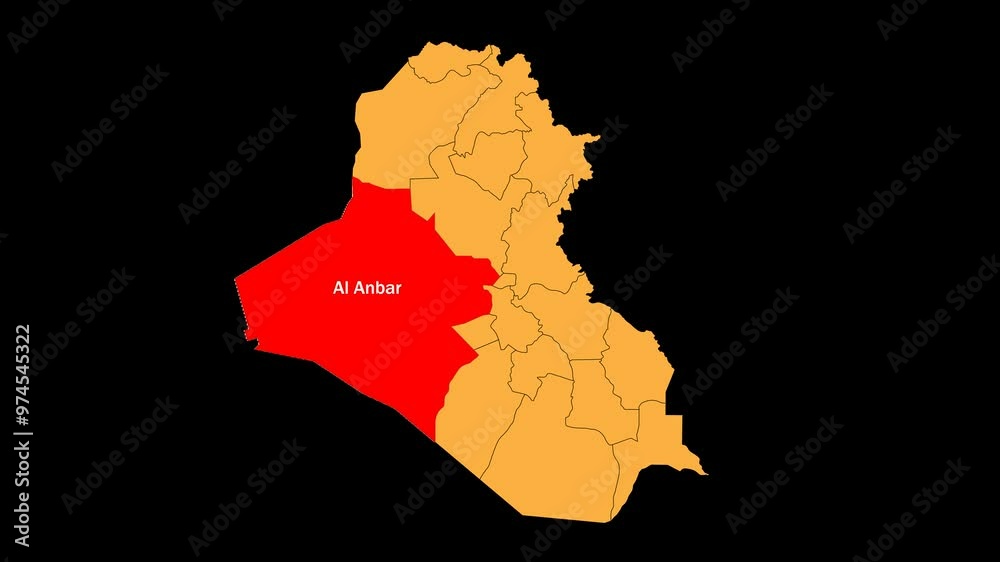 Al Anbar map animated video. The location is highlighted on the Iraq map. Colour map of Al Anbar ...
