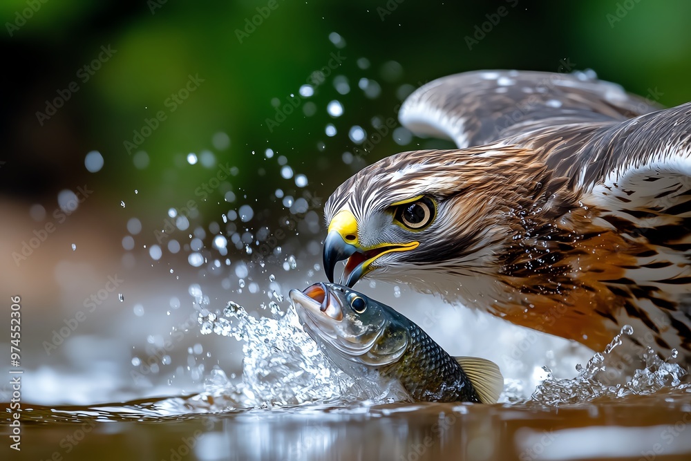 An intense moment where a hawk grabs a fish from a river, the splash of ...