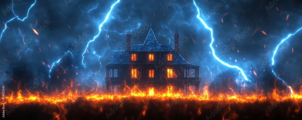 A vector illustration a spooky haunted mansion with dramatic, bold and ...