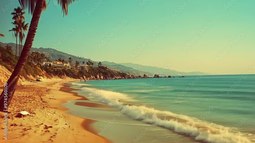 A retro photo of a beach scene from the 1970s, with light leaks and ...