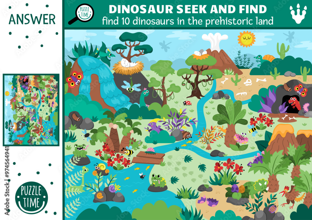Vector dinosaur searching game with prehistoric landscape. Spot hidden ...