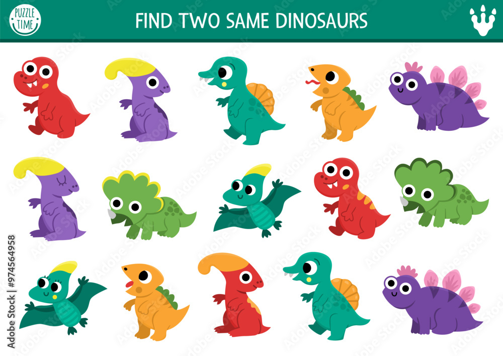 Vetor de Find two same baby dinosaurs. Prehistoric matching activity ...