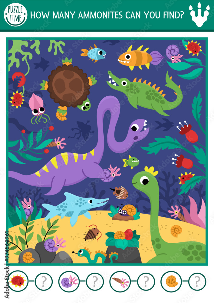 Vector dinosaur searching and counting game with prehistoric underwater ...