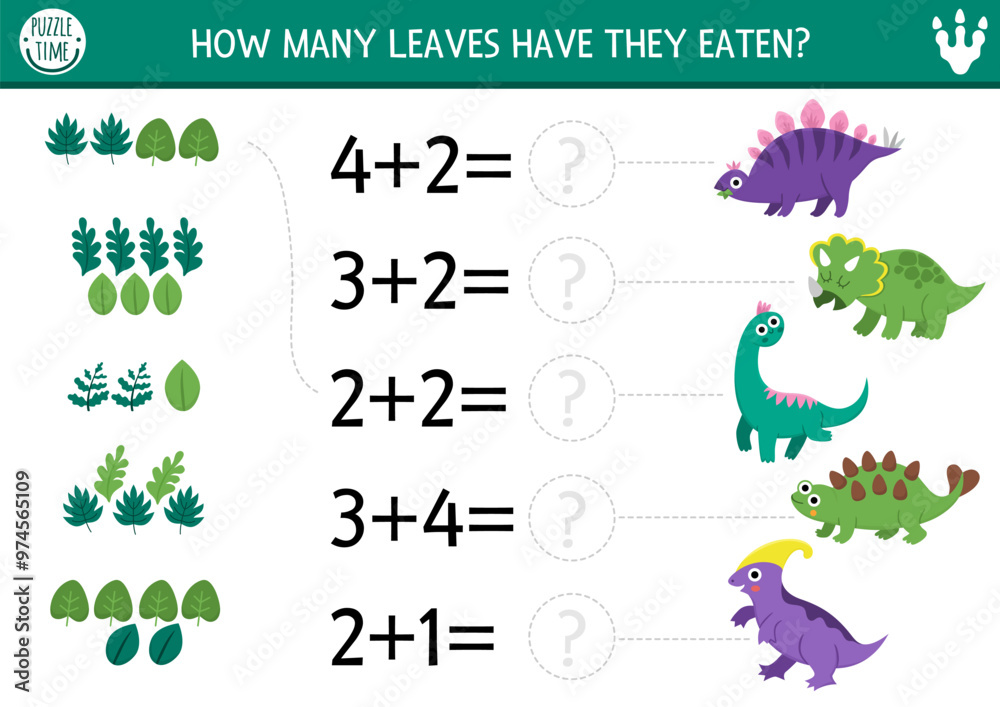 Counting and matching game with cute ancient animals, leaves. Dinosaur ...