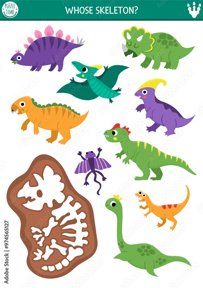 Dinosaur matching activity with cute animals and triceratops skeleton ...