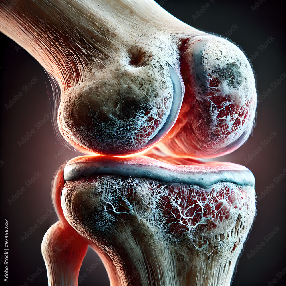 3D model bone: Close-up joint affected by arthritis, focusing on ...