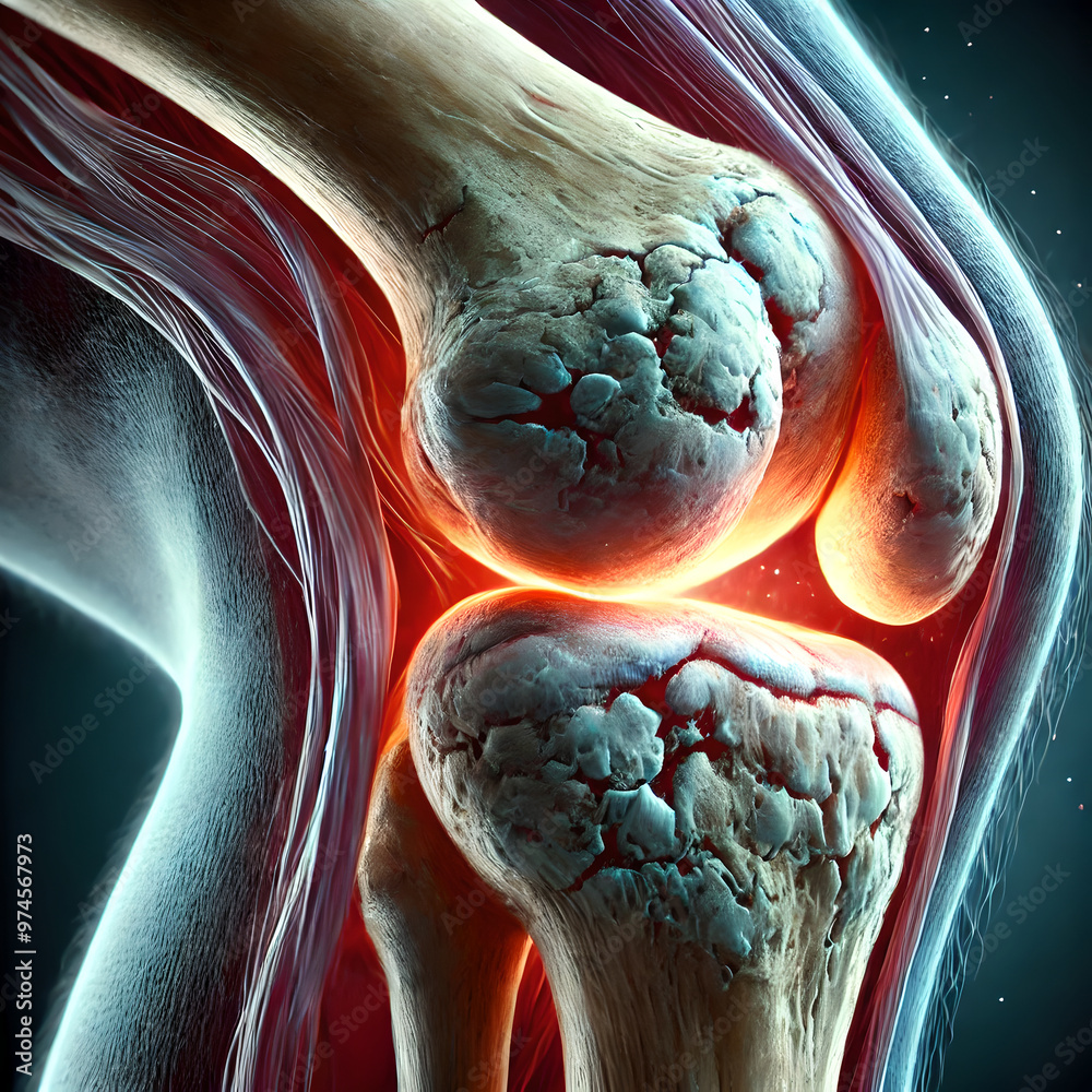 3D model bone: Close-up joint affected by arthritis, focusing on ...