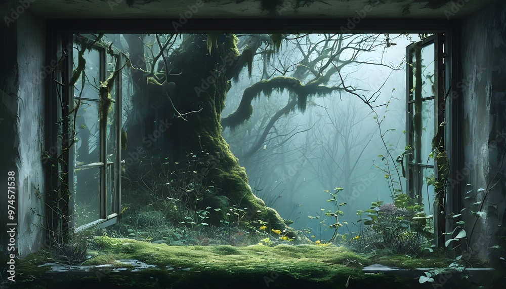 Gloomy moss-covered forest seen through a window, creating a chilling ...