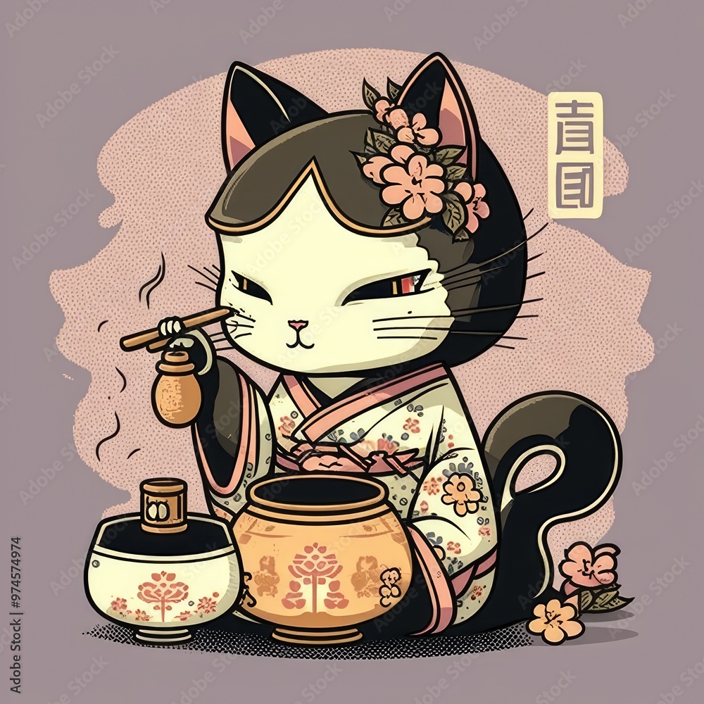 Korean or japanese tea ceremony, chibi cat geisha in kimono, cups and ...