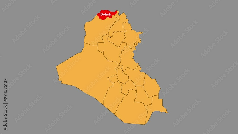 Dohuk map animated video. The location is highlighted on the Iraq map ...