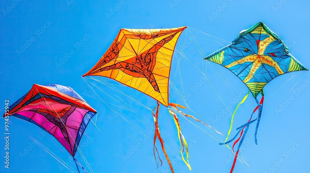 Bright kites soaring in a clear blue sky, each one displaying bold ...