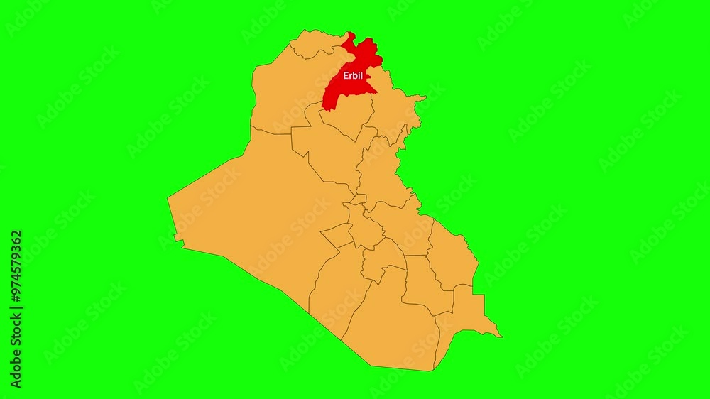 Erbil map animated video. The location is highlighted on the Iraq map ...